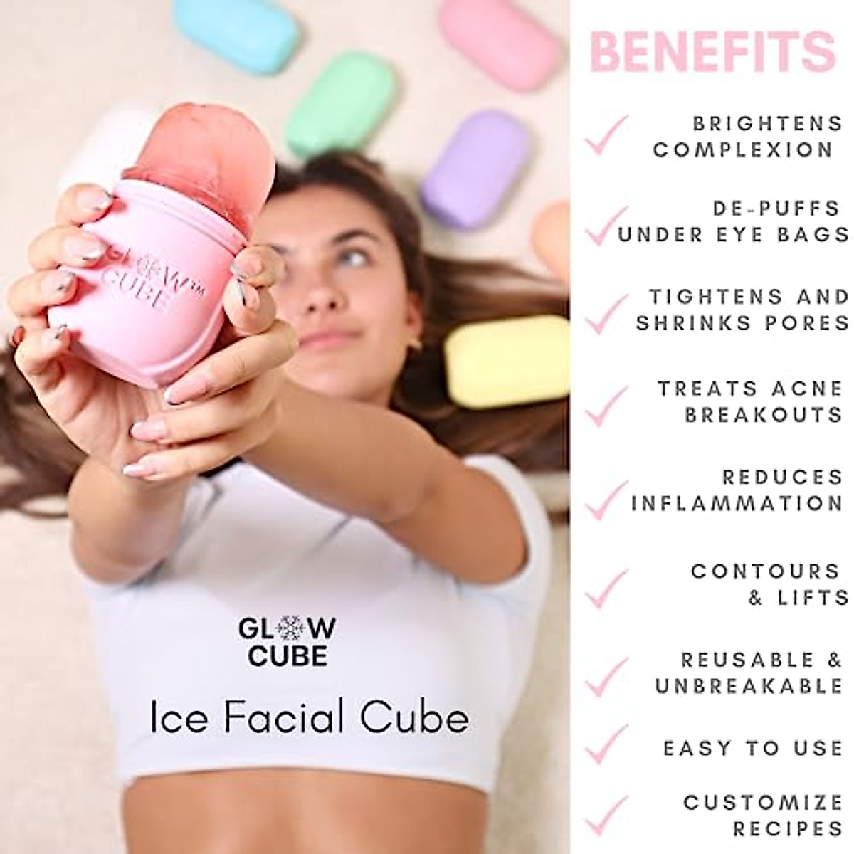 Glow Cube Ice Roller For Face Eyes and Neck To Brighten Skin & Enhance Your Natural Glow/Reusable Facial Tool to Tighten & Tone Skin & De-Puff The Eye Area (Black)