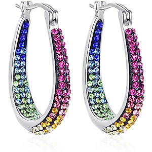 Savlano 14K White Gold Plated Inside Out Crystal Hoop Earrings For Women (Rainbow)