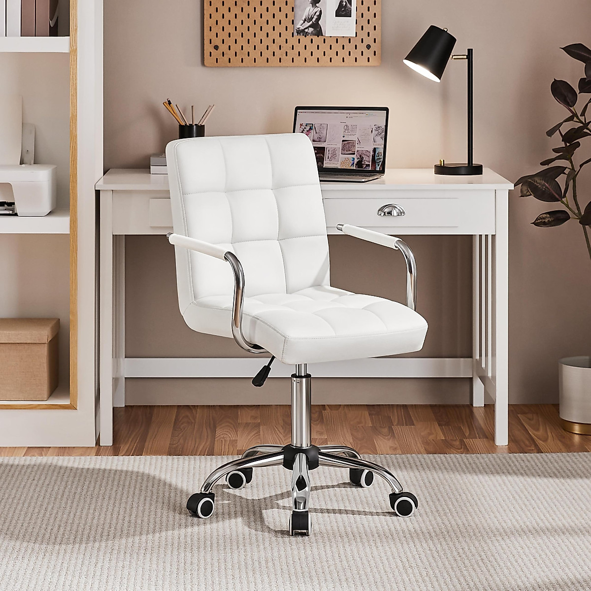 Yaheetech Adjustable Swivel Chair Faux Leather Computer Office Desk Chair Gas Lift Chrome Base On Wheels White