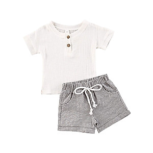 Baby Boys Short Sleeve T-Shirt Tops Elastic Waistband Shorts Set Toddler2Pcs Summer Outfits Clothes (Linen White + Strips, 12-18M)