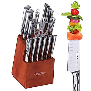 Kitchen Knife Set, Cookit 15 Piece Knife Sets with Block Chef Knife Stainless Steel Hollow Handle Cutlery with Manual Sharpener
