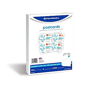 PrintWorks Heavyweight Printable Postcards for Mailings, Flashcards, and More, 67lb/147gsm, 4 Cards Per Sheet, 250 Sheets, 1000 Cards Total, White (04299) (4.25 x 5.5 Inches Postcard Size)