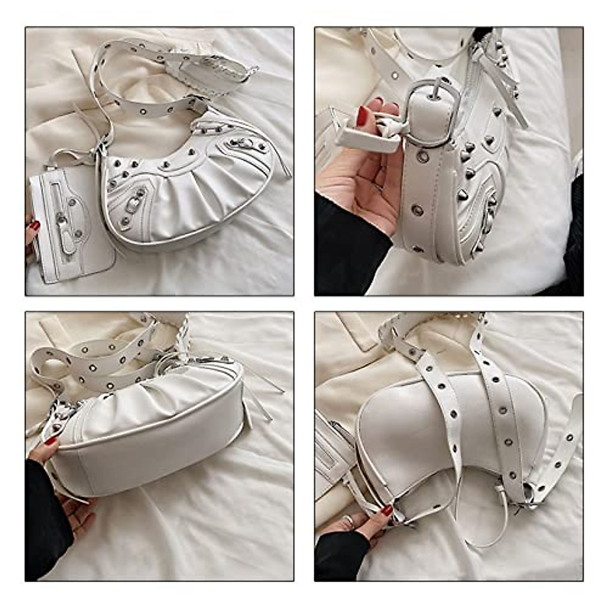 Retro Punk Style Rivet Hobo Bag + Mini Purses, Pleated Crescent Bag, Personality Satchels/Shoulder/Crossbody Bag for Women