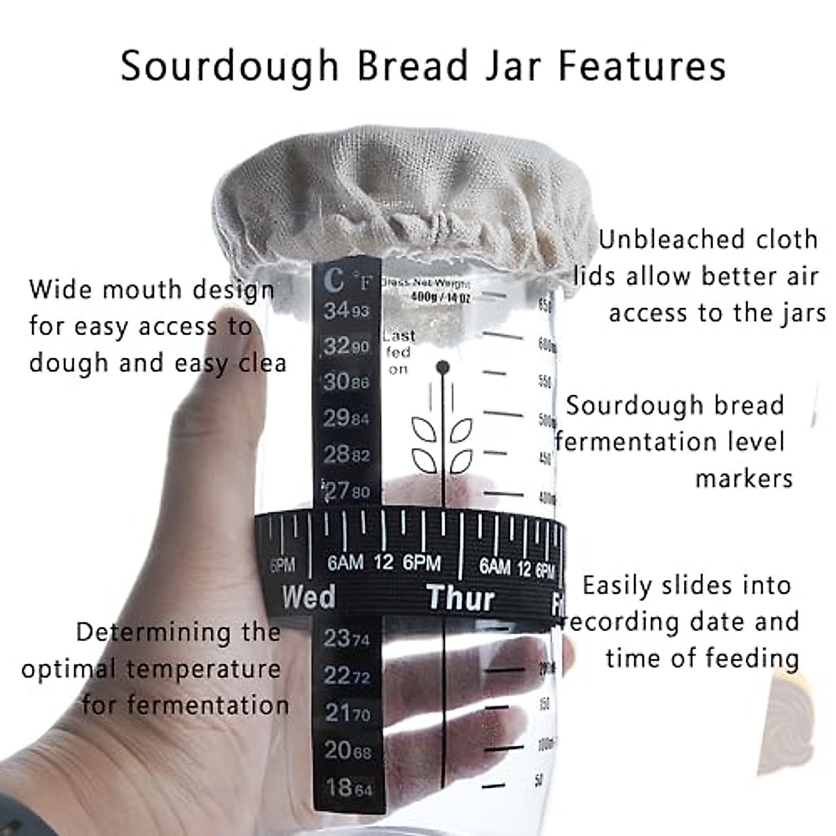 YICHUHOME Sourdough Starter Jar Kit, Wide Mouth Jar with Cloth Cover, Spatula, Thermometer Strip, Measuring Spoons, Metal Lid and Feeding Band, 24Oz Reusable Sour Dough Jar, Home Baking Supplies
