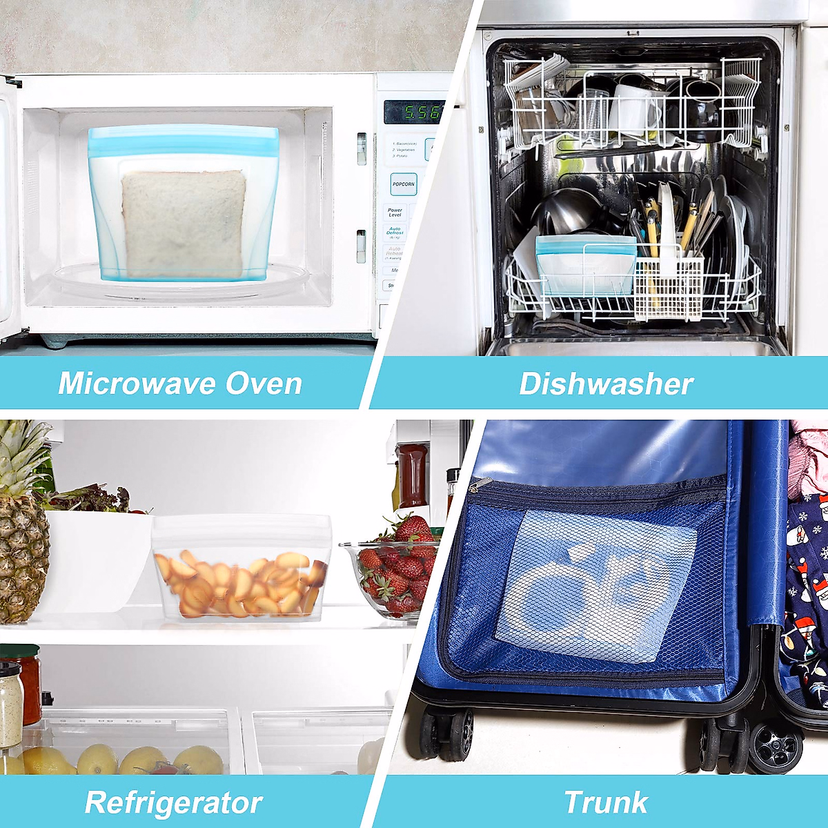 Reusable food container silicone bag, 2 Pcs Zip Sandwich Bags, 100% Platinum Silicone Reusable Snack bag, Stand Up Preservation Bag, Convenient to carry and easy to clean. (2 Bag Set Blue)