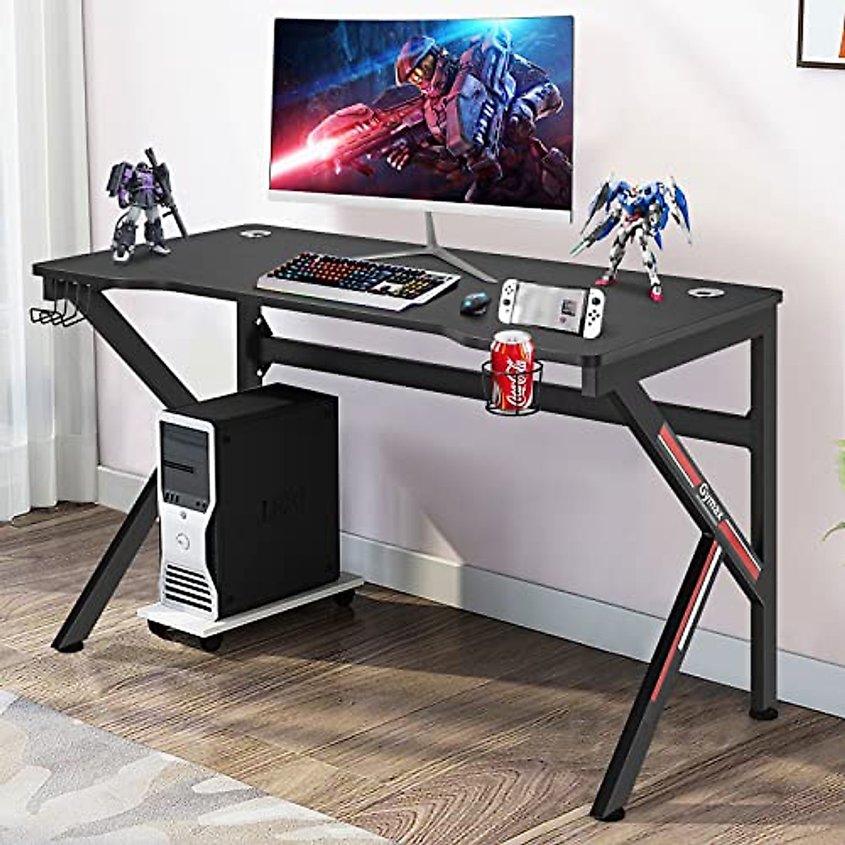 MEDIMALL 48” Gaming Desk, Racing Style Home Office Desk with Heavy-Duty K-Shaped Steel Frame, Ergonomic Gamer Work Station with Cup Holder & Headphone Hook & 2 Cable Management Holes, Black
