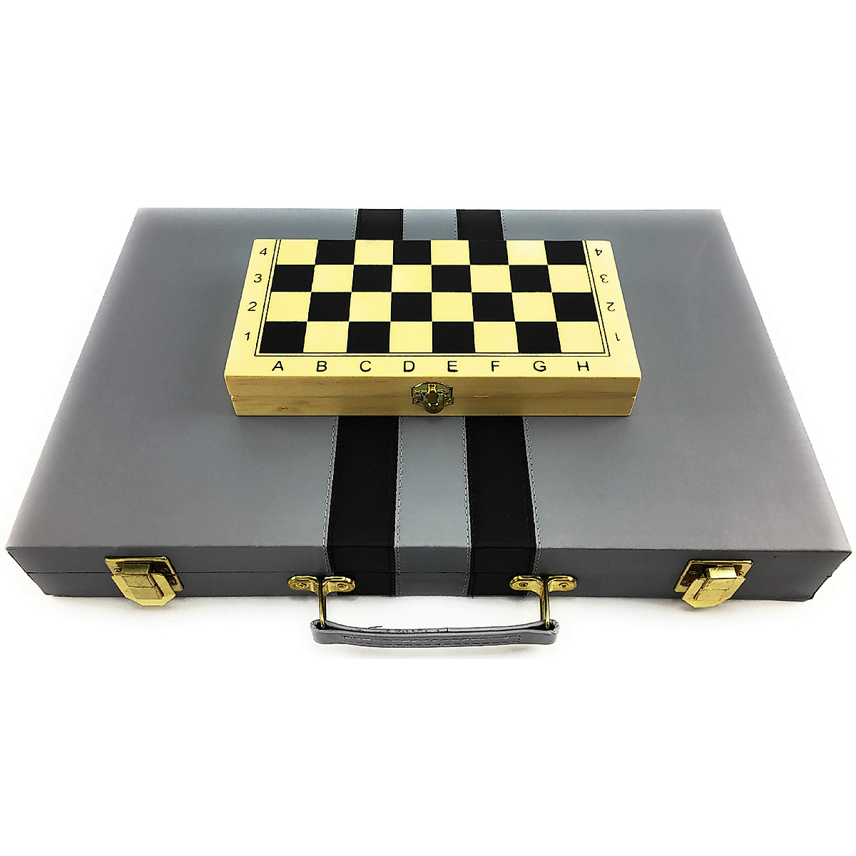 Matty's Toy Stop Deluxe 15" Backgammon Briefcase (Vinyl Gray Attache) with 3-in-1 Chess, Checkers & Backgammon Wooden Travel Games Set (8")