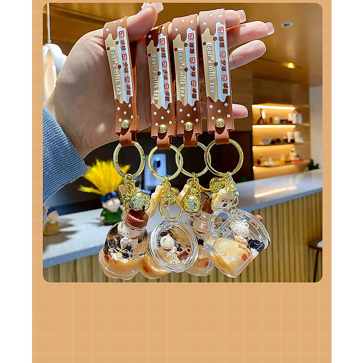 HSYHERE Men Women Creative Interesting Floating Milk Tea Brown Bear Lucky Bottle Keychain Keyrings. Bubble Tea Bear Moving Liquid Sand Car Key Chain Bag Pendant Decoration Holder - Cup.