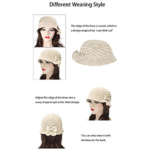 ZLYC Women Winter Crochet Bucket Hat Handmade Cotton Knit Cloche Bowler Hats (Bow Beige)