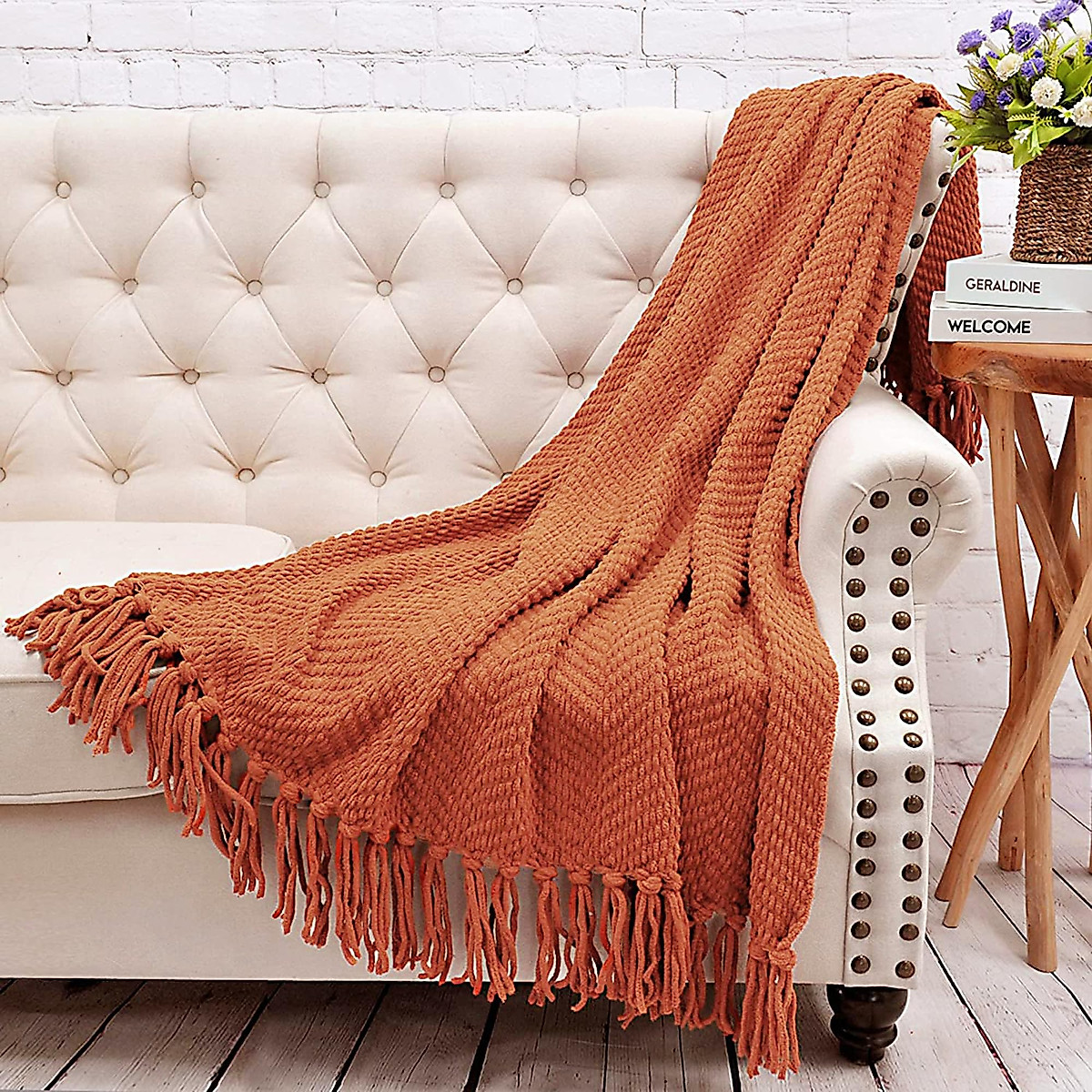Home Soft Things Throw Blanket Knitted Tweed Throw 50'' x 60'', Rust, Super Soft Cozy Warm Comfortable Breathable Throw for Living Room Chair Couch Bed Sofa Bedroom Home Décor