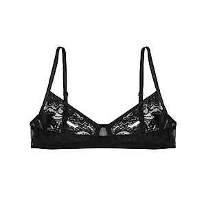 renvena Women's Lace Floral Portrait Open Tip Bra Wire-Free Unlined Push-up Triangle Bralette Top Nightwear Blacktype B X-Large