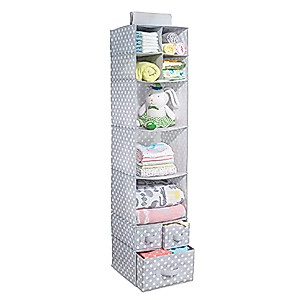 mDesign Soft Fabric Over Closet Rod Hanging Storage Organizer with 7 Shelves and 3 Removable Drawers for Child/Kids Room or Nursery - Polka Dot Pattern - Light Gray with White Dots