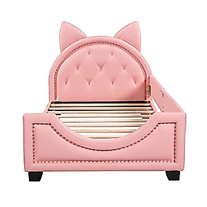Mancofy Twin Size Cute Upholstered Daybed with Carton Ears Shaped Headboard, Wooden Twin Platform Bed Frame for Girls Boys, PU Leather Sofa Bed, Low Profile Single Bed (Triangular Ears Pink)