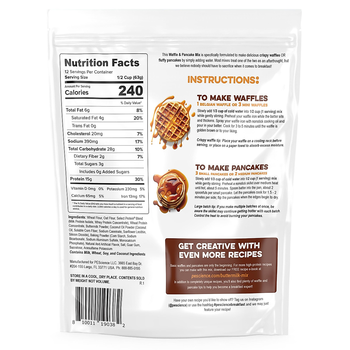 PEScience Buttermilk Protein Pancake & Waffle Mix, Just Add Water, 12 Servings
