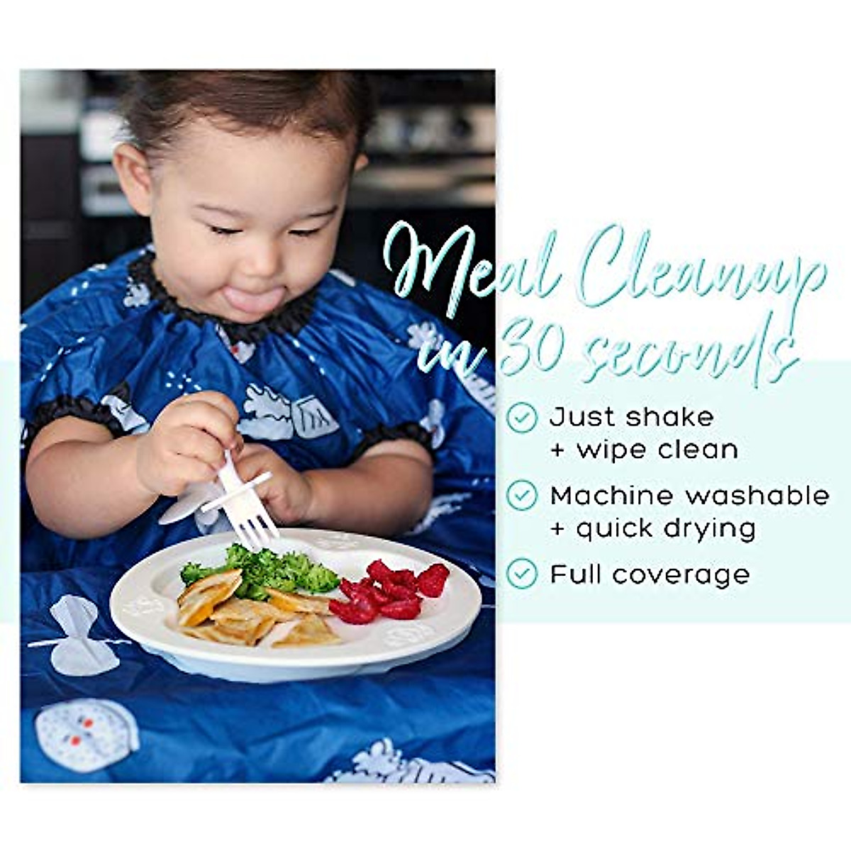 grabease Allover Waterproof Bib for Self-Feeding Infants and Toddlers, Machine Washable, Ages 6-24 Months, Navy