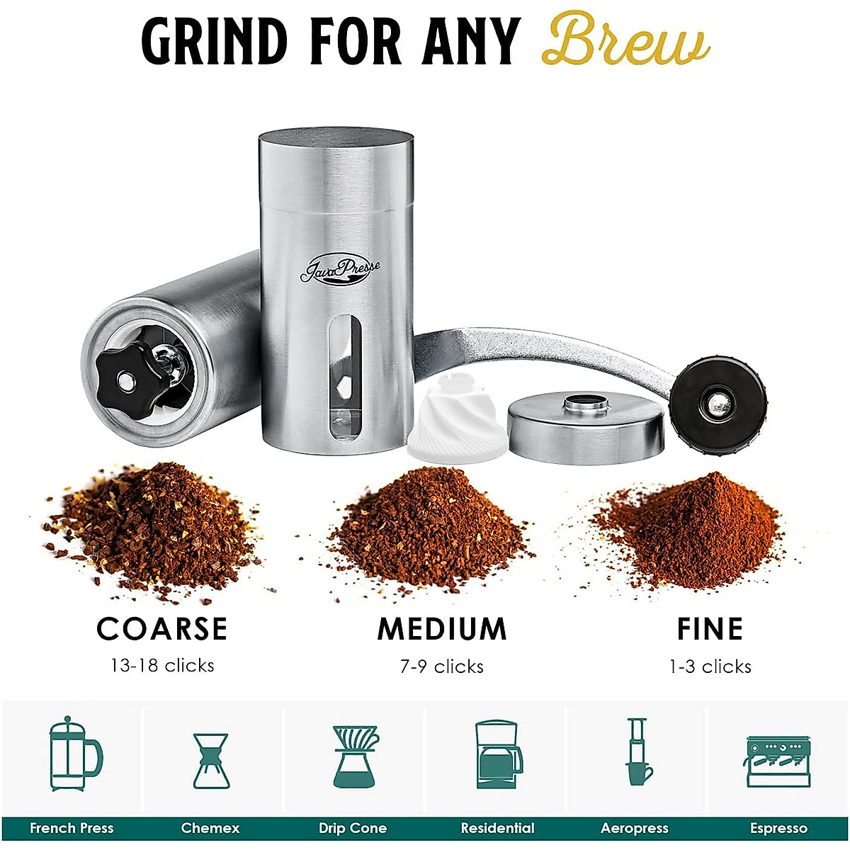 Manual Coffee Grinder by JavaPresse — Manual Coffee Bean Grinder with 18 Adjustable Settings, Stainless Steel Manual Burr Hand Coffee Grinder with Crank — Great Holiday Gift, Perfect for Camping
