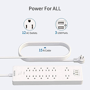 Extra Long Surge Protector Power Strip with USB Ports, NTONPOWER Power Strip with 12 Outlet(2 Widely Space), 15Ft/25Ft Long Extension Cord, Flat Plug Power Strip, Wall Mountable for Home Office, White