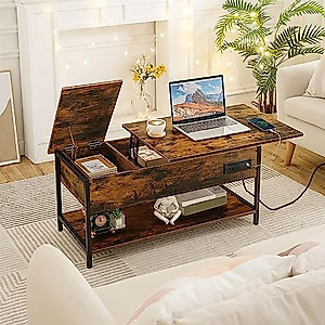 HOOBRO Lift Top Coffee Table, Coffee Table with Charging Station, Coffee Table with Lift Top and Power Outlet, Center Table for Living Room, Office, Reception Room, Rustic Brown and Black BF05UKF01