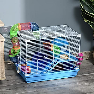 PawHut 2-Level Hamster Cage Rodent Gerbil House Mouse Mice Rat Habitat Metal Wire with Exercise Wheel, Play Tubes, Water Bottle, Food Dishes, & Interior Ladder