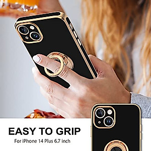 Hython Case for iPhone 14 Plus Case with Ring Stand [360° Rotatable Ring Holder Magnetic Kickstand] [Support Car Mount] Plated Gold Edge Soft TPU Luxury Shockproof Protective Phone Case Cover, Black