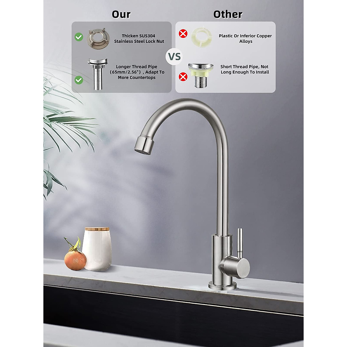 Cold Water Only Faucet SUS304 Stainless Steel Faucet for Kitchen Sink