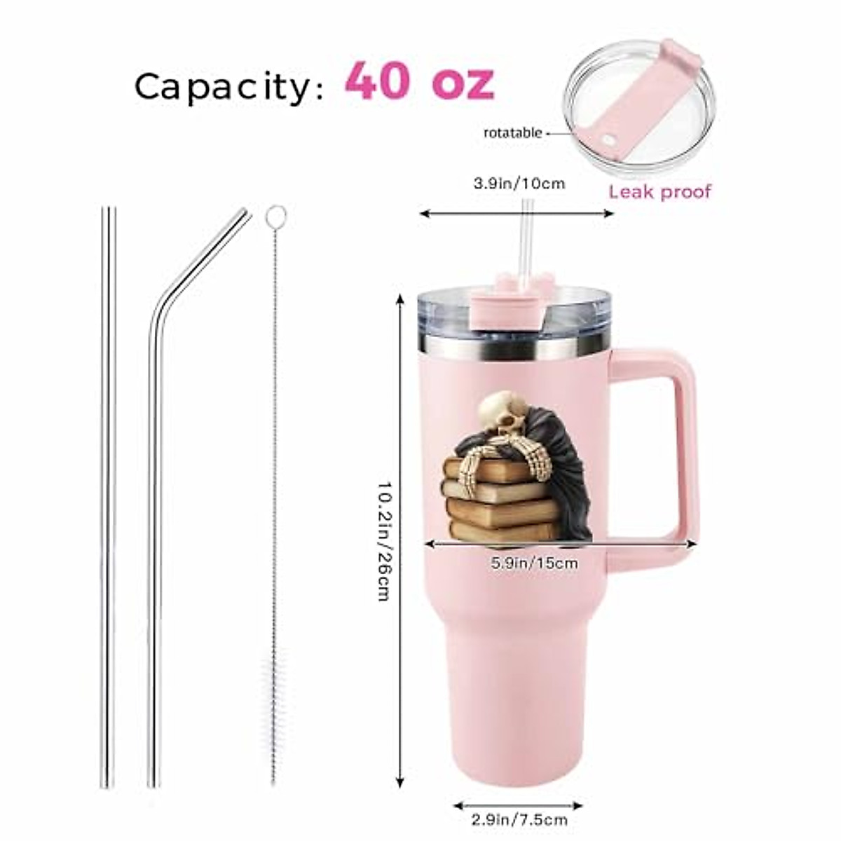 LB LEOBON 40 ounce insulated cup with handle, double-layer vacuum stainless steel material, equipped with straw, can keep warm or maintain cold drinks Skeletons Sleeping Books 2 Light pink