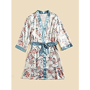 MakeMeChic Women's 5 Piece Sleepwear Floral Satin Cami Pajama Set Silk Nightgown with Robe Blue L