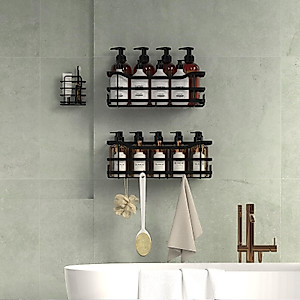 Prettidecor Shower Caddy 3 Pack-Self Adhesive Stainless Shower Shelves with Hooks No Drilling Shower Organizer Hanging Large Capacity Rustproof Bathroom Kitchen Storage Accessories-Black