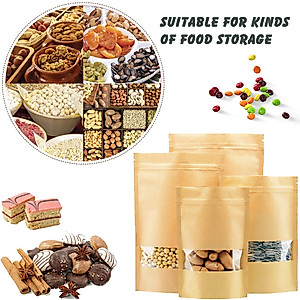 100 Pcs Resealable Stand Up kraft Paper Bags with Window for Packaging Products, Reusable Zip Lock Food Storage Pouch Bags (5.5" x 8.6")