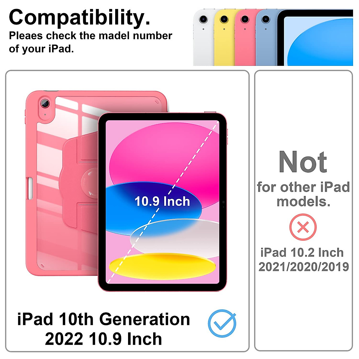 Supveco Case for iPad 10th Generation 2022 with Pencil Holder-(360 Degree Rotation & Auto Wake/Sleep), Premium Folio Stand Case with Flexible Viewing Angles for Apple iPad 10.9 Inch 2022-Watermelon