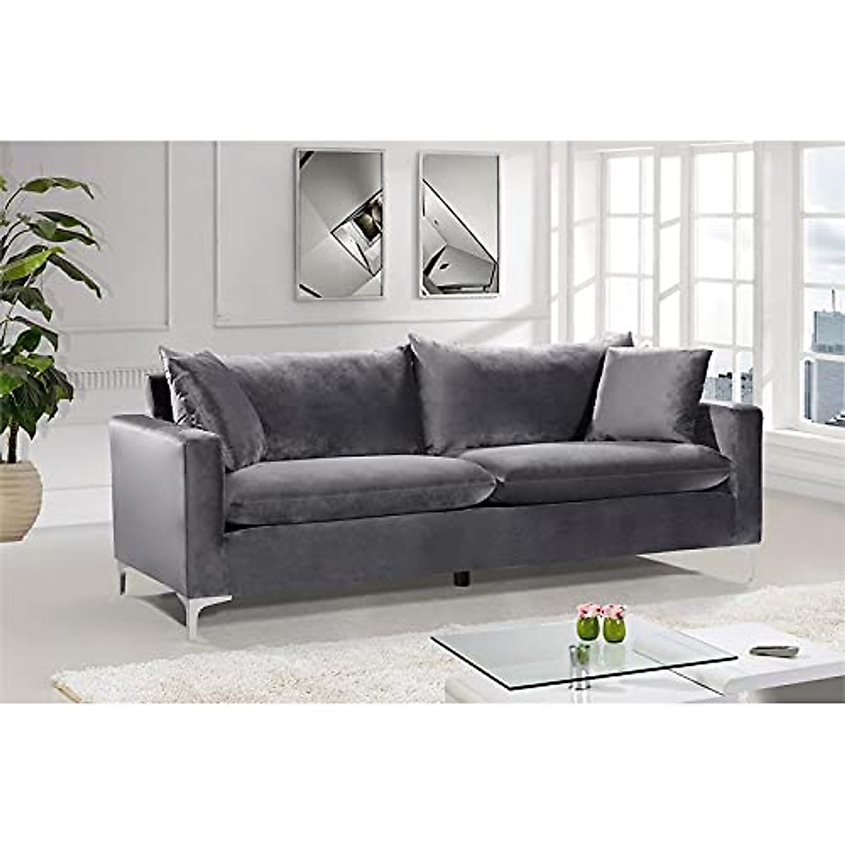 Meridian Furniture Naomi Collection Sofa With Stainless 1 Modern | Contemporary Velvet Upholstered Stainless Steel Base in a Rich Gold or Chrome Finish, Grey