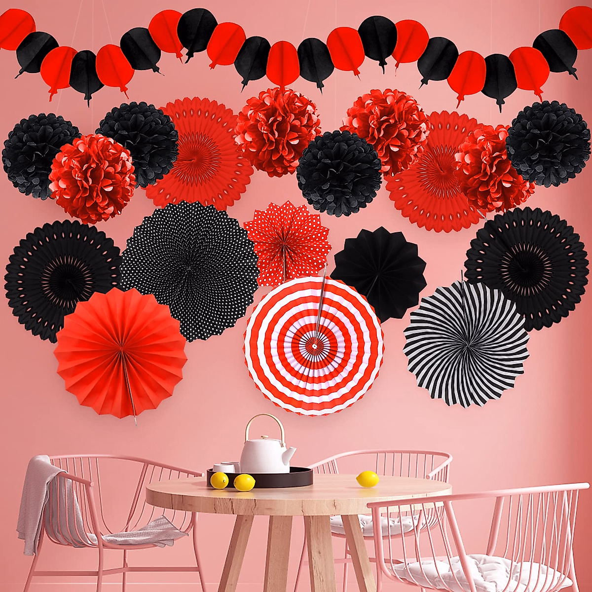 Recosis Red and Black Party Decorations, Papar Fans Pompoms Fans Garlands for Birthday Wedding Graduation Game Night Boy Girl Party Decorations