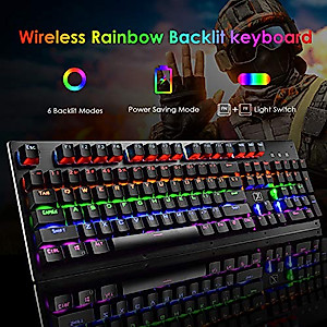 Wireless Gaming Keyboard and Mouse Combo with 104 Key Rainbow LED Backlight Rechargeable 4600mAh Battery Mechanical Keyboard Anti-ghosting Ergonomic RGB Mute Mice for Computer PC Gamer (Blue Switch)