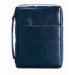 Blue Embossed Cross with Front Pocket Leather Look Bible Cover with Handle, Large