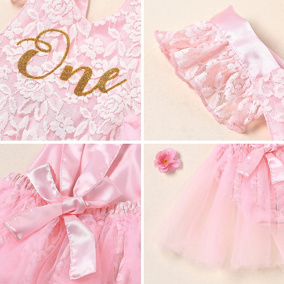 Baby Girl First Birthday Outfit Lace Tulle Romper Princess Tutu Dress One Year Old Birthday Cake Smash Photography Clothes Pink +Crown 12-18 Months