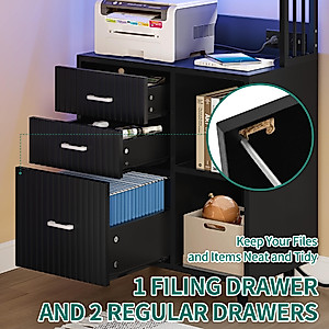 YITAHOME 3 Tier Bookcase, Bookshelf with Lighting, File Cabinet with Charging Station, 3 Drawer Wood Filing Cabinet, Printer Stand with Open Storage Shelves for Home Office, Black
