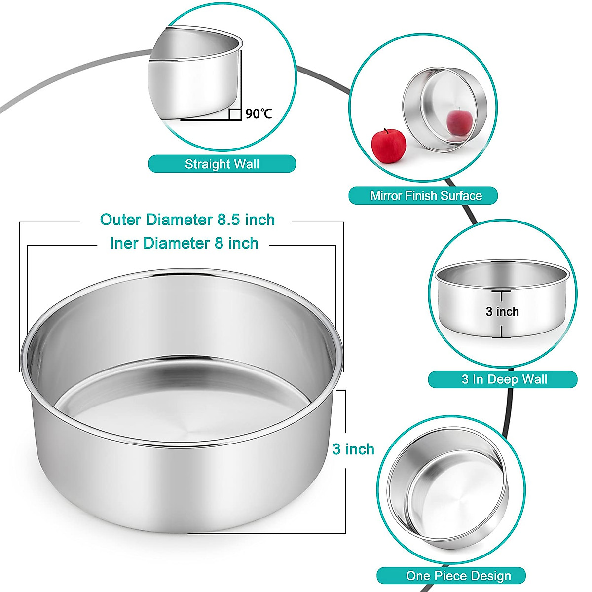 TeamFar Cake Pans, 2 PCS Stainless Steel Round 3 Inch Deep Baking Cake Pans for Wedding Birthday Party, Non-Toxic & Heavy Duty, Deep Wall & Straight Side, Dishwasher Safe