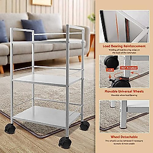 WORCAS 3 Tier Metal Storage Shelves with Wheels, Utility Cart,Versatile Large Capacity Heavy Duty Cart for Kitchen Bathroom Office Garage Warehouse(White)
