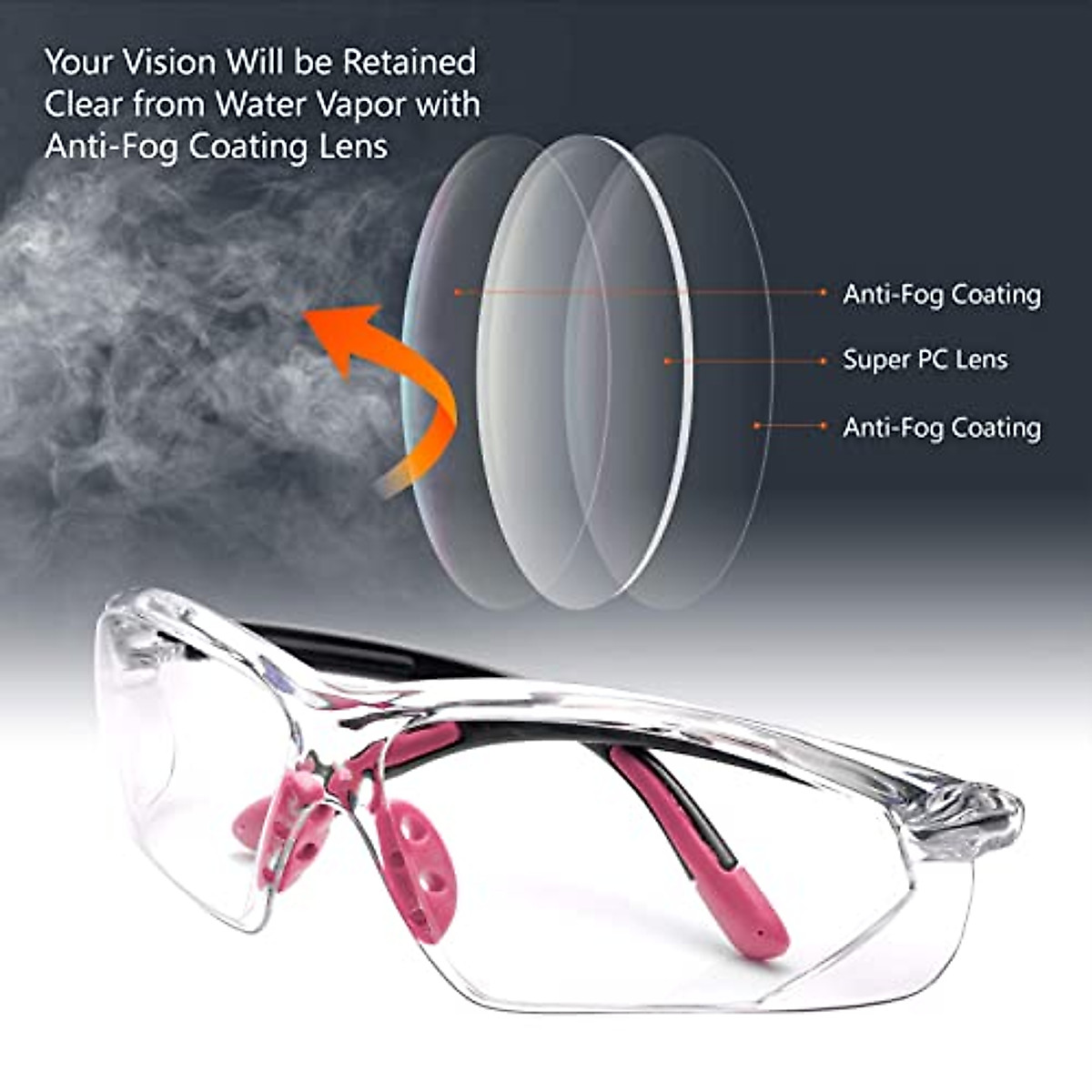 SAFEYEAR Women Safety Glasses Anti Fog Lens,HD Clear Scratch Resistant Work Glasses with Adjustable Straps for Lady, No-Slip Grips,VU Protection for DIY, Lab, Welding,Chemistry(Pink)