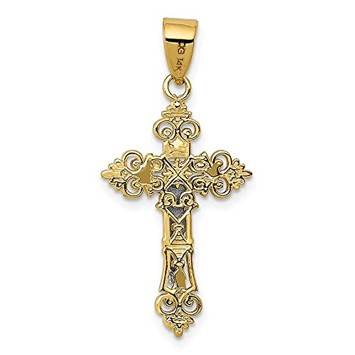 Diamond2Deal Gift for Mothers Day 14k Gold Two-tone Small Lacey-edged INRI Religious Crucifix Cross Pendant Fine Jewelry for Women (L- 29 mm, W- 14 mm)