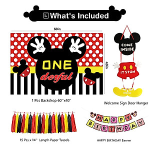 PYCALOW Mickey 1st Birthday Party Supplies - Mickey Theme Mouse Party Decorations Include Backdrop, Balloon Garland Arch, Welcome Sign Door Hanger, Banner, Crown, Balloon Box, Cake Toppers