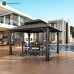 12' X 10' Aluminum Hardtop Gazebo with Nettings and Gutter Heavy Duty Outdoor Patio Double Roof Gazebo Pavilion Galvanized Steel Permanent Gazebo Canopy Grill Shelter for Backyard, Deck