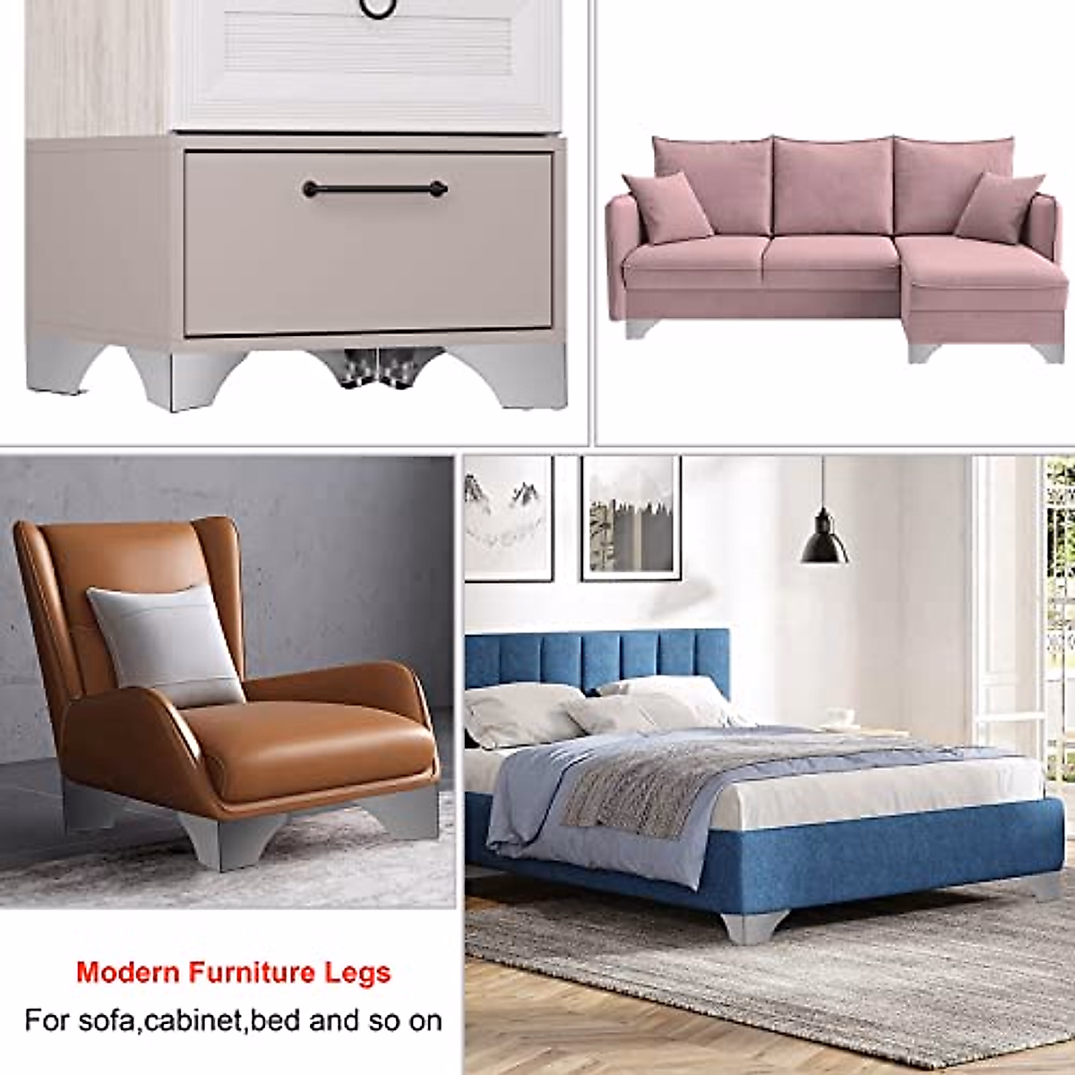 BSTKEY 4Pcs 8CM/3 Inch Modern Metal Furniture Sofa Cabinet Legs with Mounting Screws - DIY Replacement Legs Set for Furniture Cabinet Foot Legs Sofa Bed Desk Table Feet Support, Silver