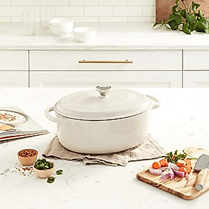 Lodge 7 Quart Enameled Cast Iron Oval Dutch Oven with Lid – Dual Handles – Oven Safe up to 500° F or on Stovetop - Use to Marinate, Cook, Bake, Refrigerate and Serve – Oyster White