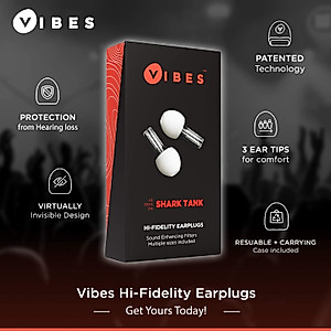 Vibes High-Fidelity Earplugs - Invisible Ear Plugs for Concerts, Musicians, Motorcycles, Airplanes, Raves, Work Noise Reduction, Hearing Protection - Fits Small Medium Large - As Seen On Shark Tank
