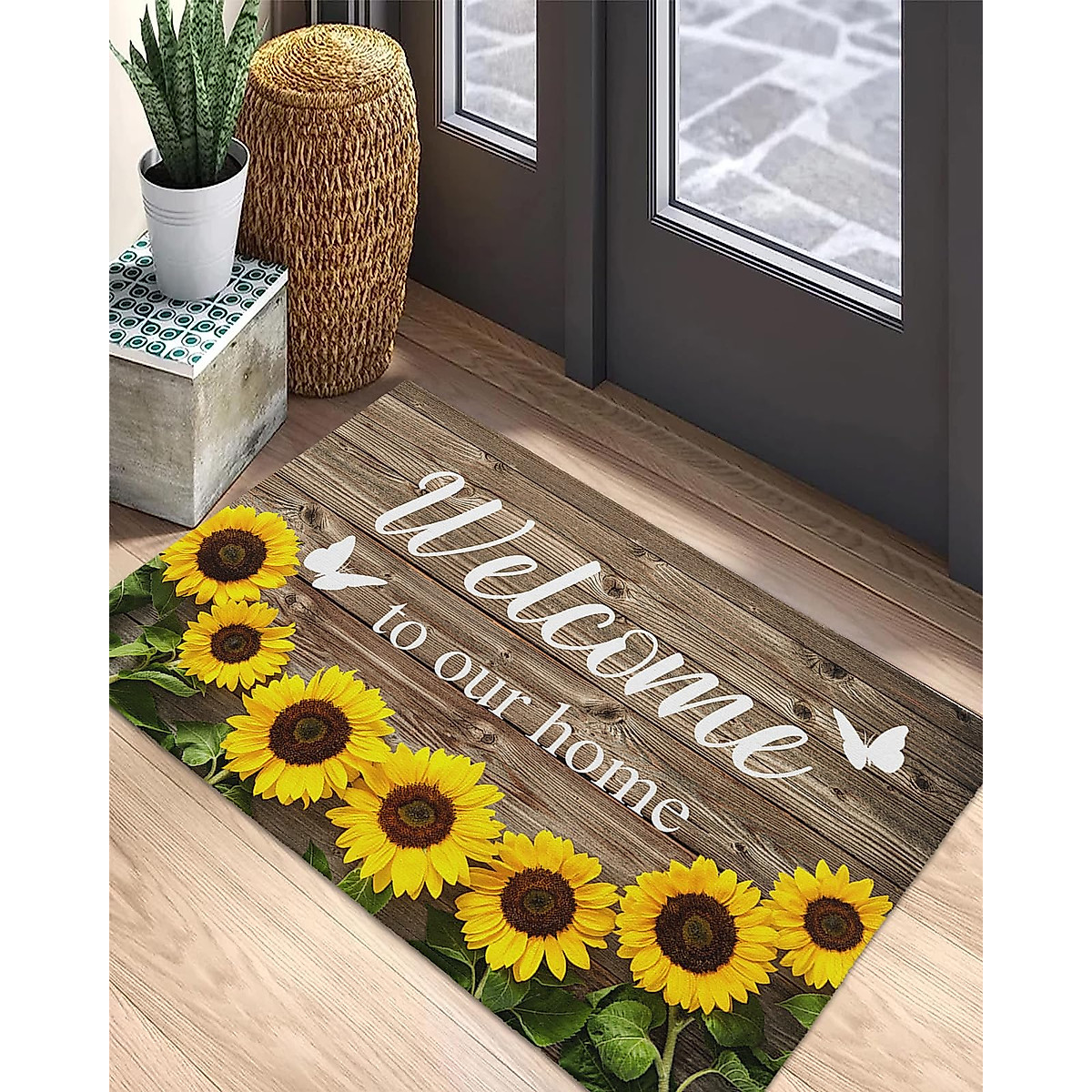 Front Door Mat Indoor Outdoor Entrance, Welcome Sunflower on a Wooden Board Non-Slip Doormat Fade Resistant, Low Profile, Easy Clean Patio Porch Entryway Mat 36x24 inches