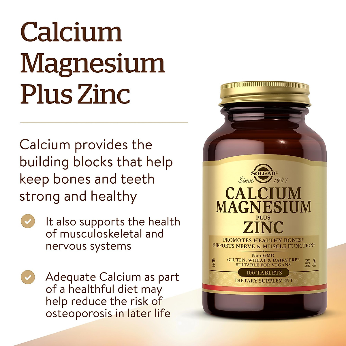 Solgar Calcium Magnesium Plus Zinc, 100 Tablets - Promotes Healthy Bones and Teeth - Supports Nerve & Muscle Function - Non GMO, Vegan, Gluten Free, Dairy Free, Kosher, Halal - 33 Servings