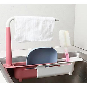 Adjustable Telescopic Sink Storage Organizer Rack Sponge Soap Drain Basket Expandable Organizer for Home Kitchen with Dish Cloth Hanger (Pink)