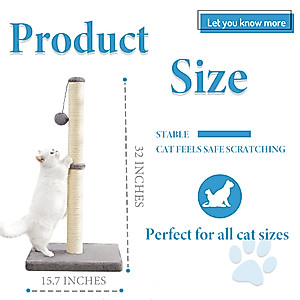 MeowHomm 32'' Tall Cat Scratching Post Cat Scratcher with Hanging Ball, Durable Cat Scratching Post for Indoor with Sisal Rope (Gray)