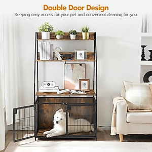 Dog Crate Furniture with Storage Shelves, 31.5 Inch Heavy Duty Dog Crate with Power Outlet, Wooden Dog Kennel Indoor Furniture for Small Medium Dogs, Three Doors, Rustic Brown and Black BF80UGW03